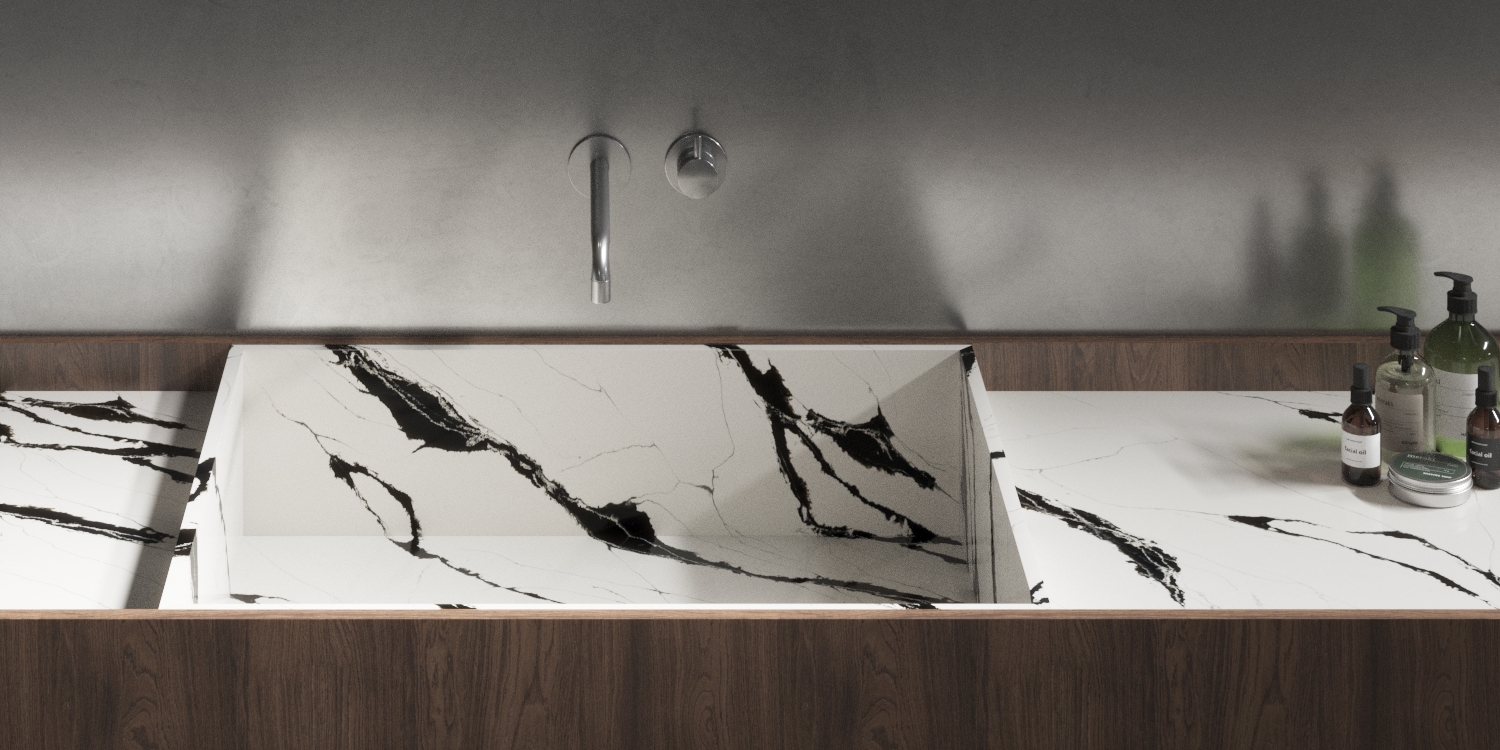 Unique Calacatta Black surfaces. Quartz, Unique Collection. Compac